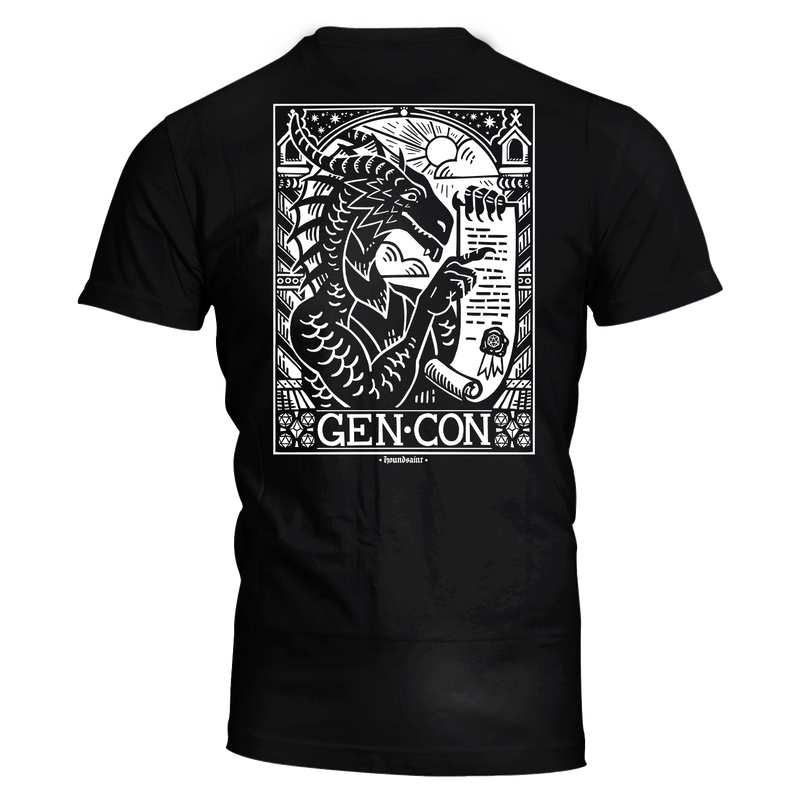 Gen Con 2025 Genevieve Scroll Woodblock T-Shirt | Rollacrit